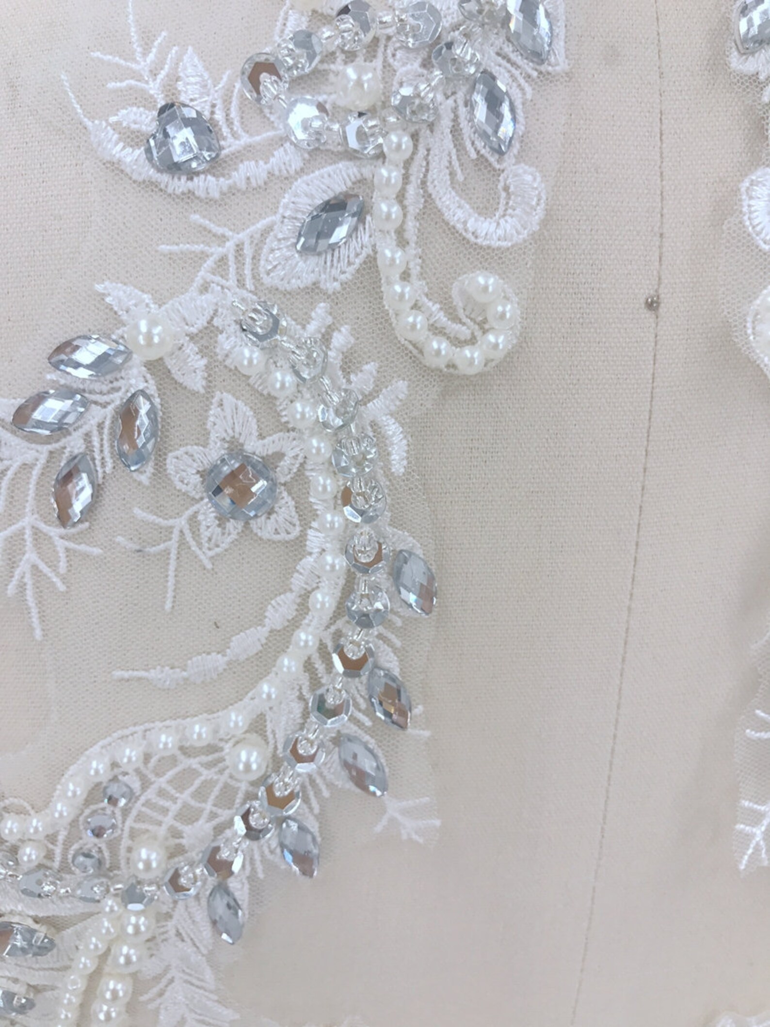 1 Pair Bridal Lace Applique Silver Rhinestone Beaded Floral - Etsy