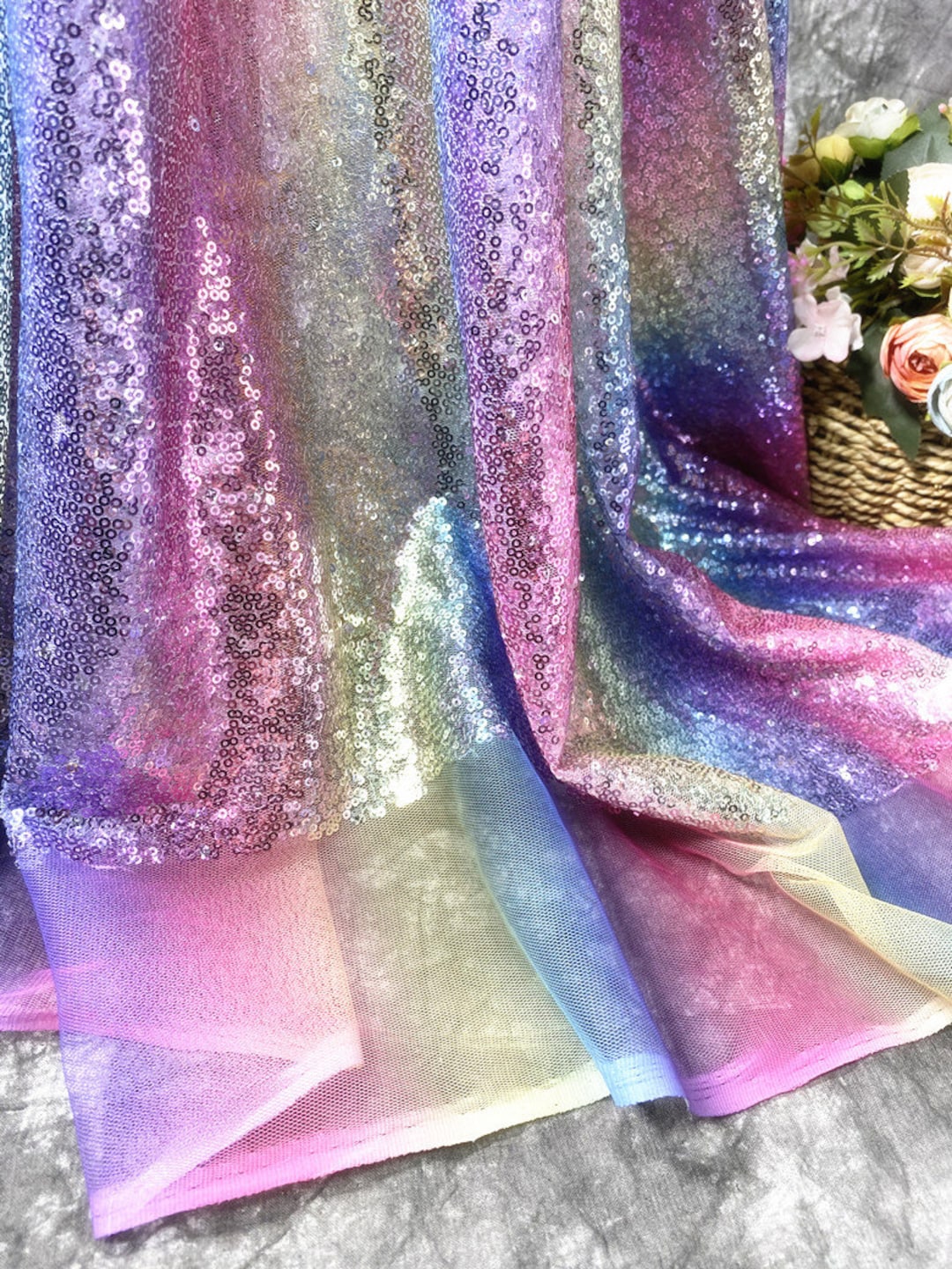 Gradient Rainbow Sequins Fabric, Glitter Pink Purple Sequined Fabric ...