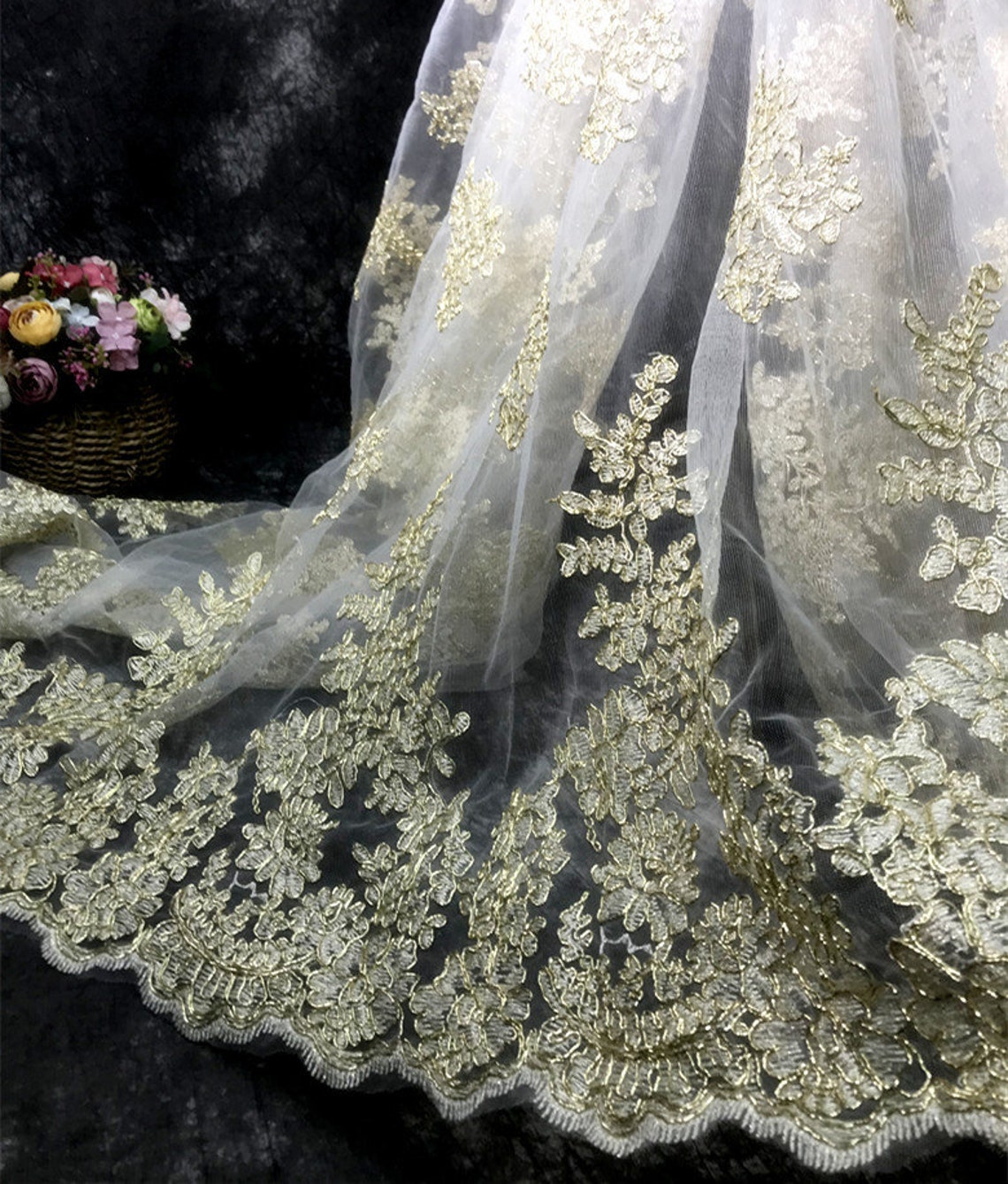 Gold Lace Fabric Gold Metallic Embroidered Flower Applique | Etsy