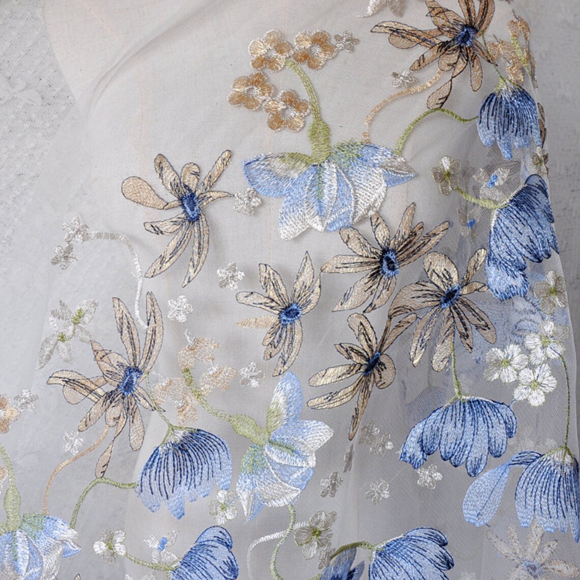 Beautiful Blue Flower Embroidered Lace Fabric Soft Mesh Fabric | Etsy