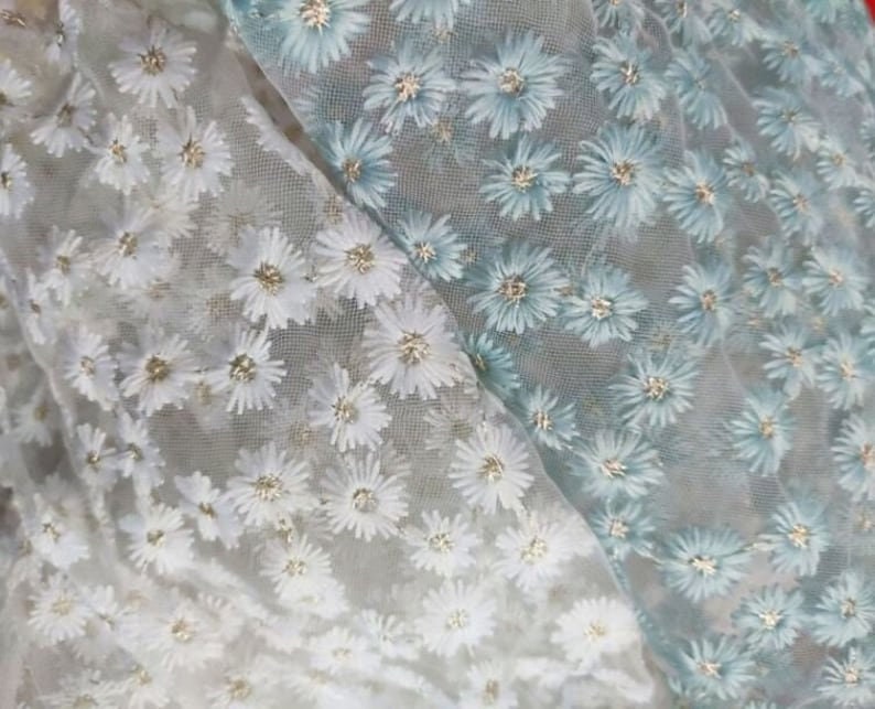 Delicate Flower Embroidered Lace Fabric Blue White Daisy Tulle - Etsy