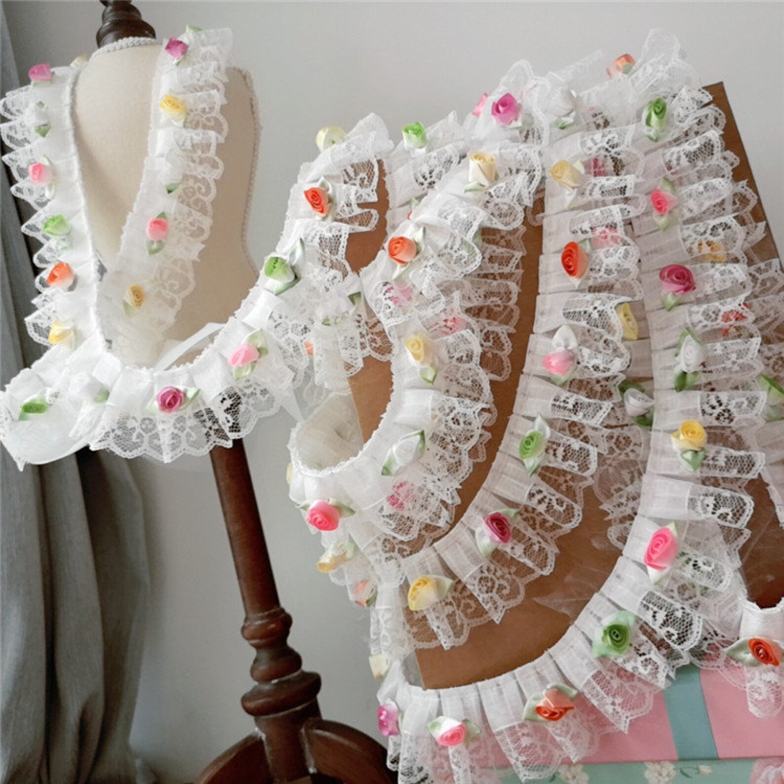 Colorful 3D Rose Lace Trim Ruffled Bridal Lace Baby Dress 1.9” Wide 2 ...