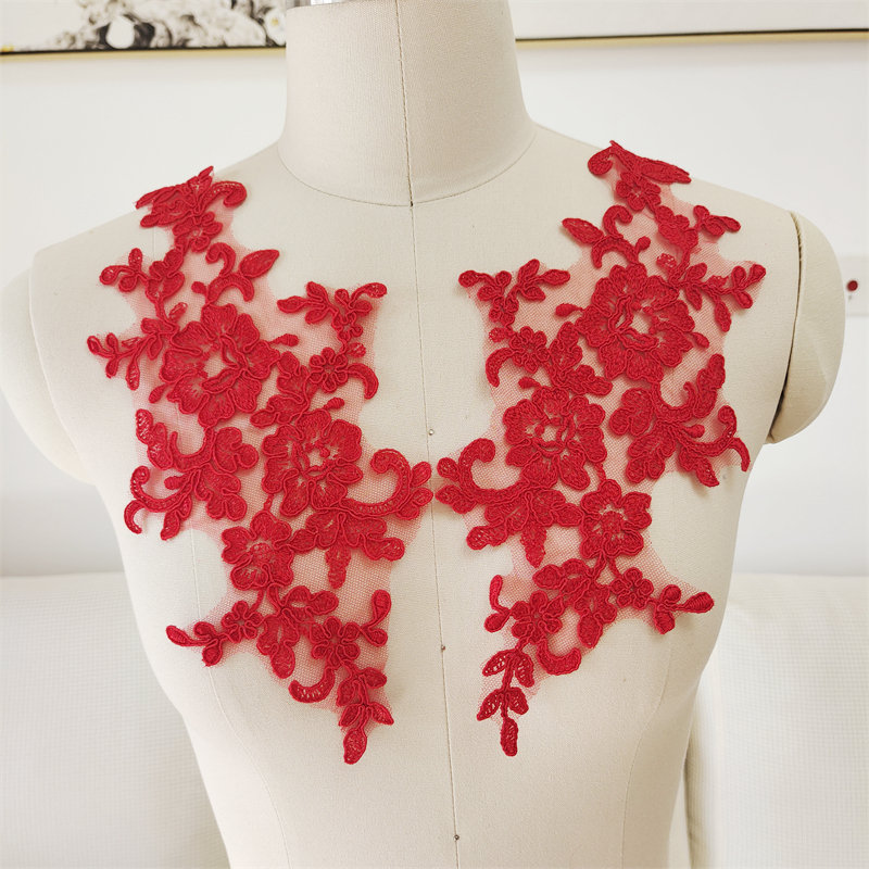 One Pair Red Applique Alencon Embroidered Corded Lace Applique for ...