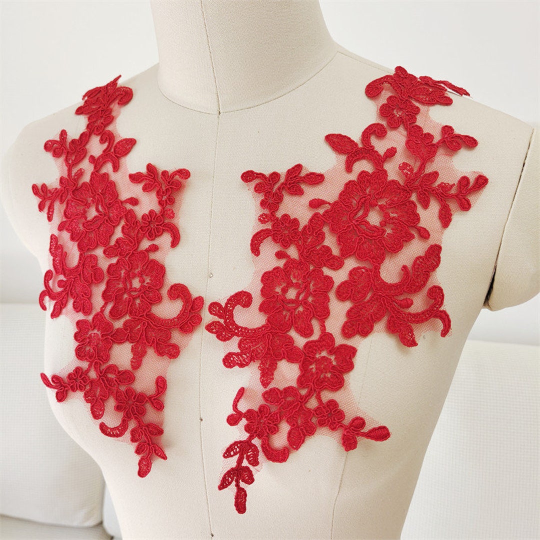 One Pair Red Applique Alencon Embroidered Corded Lace Applique for ...
