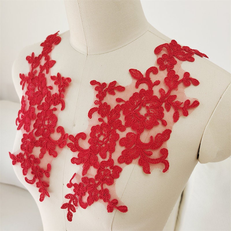 One Pair Red Applique Alencon Embroidered Corded Lace Applique for ...