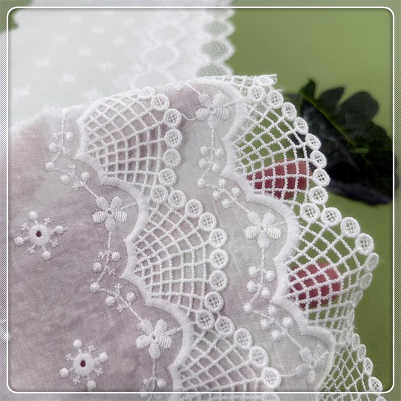 9.45" Wide Double-layer Milk Silk Cotton Lace Trim Eyelet Floral ...