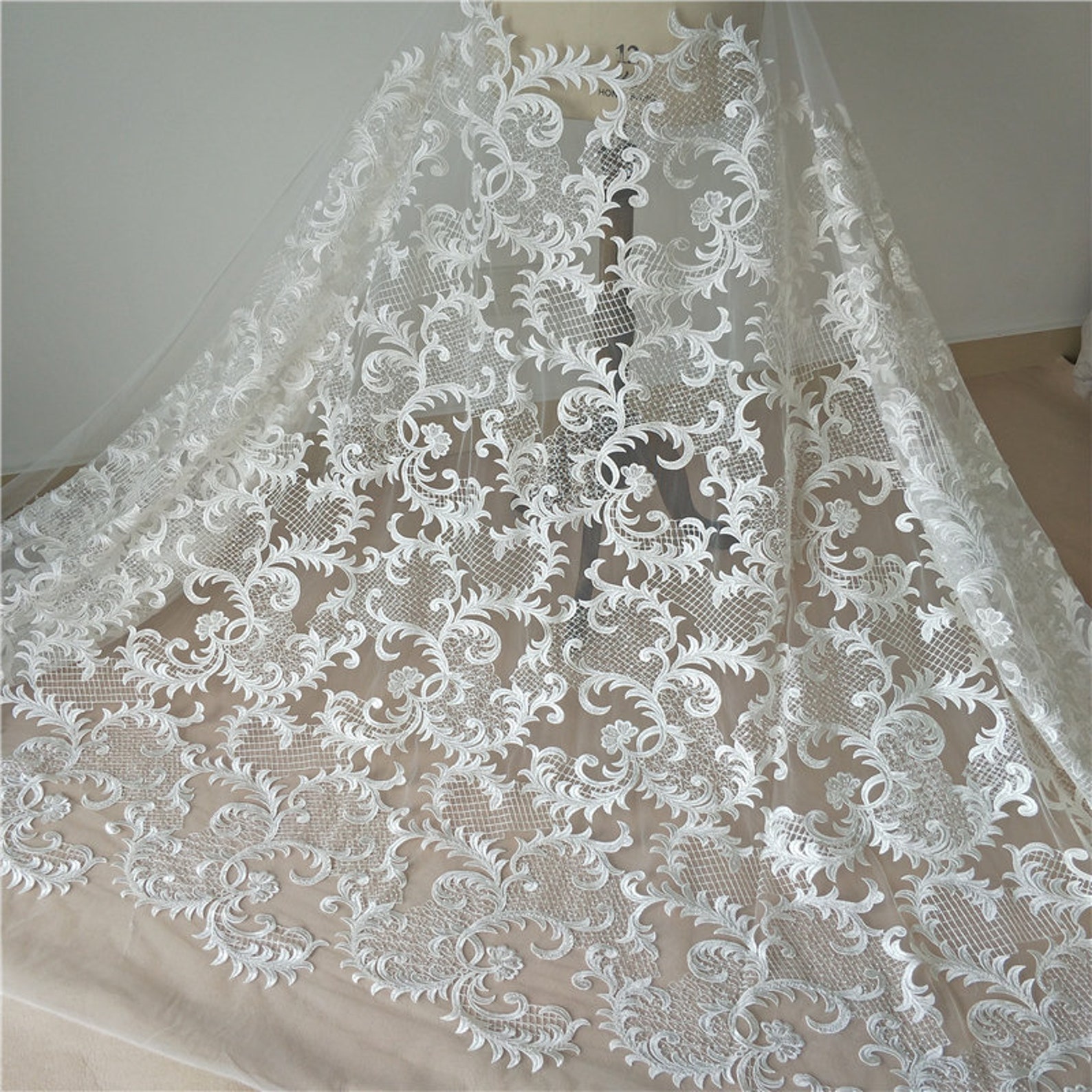 Bridal Fabric, off White Geometric Mesh Lace Fabric, Sequined Beaded ...