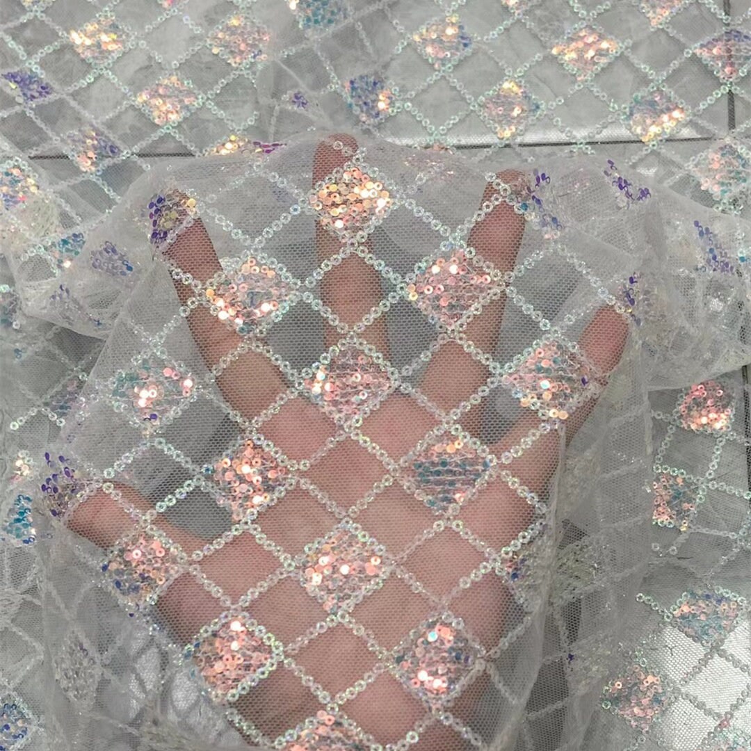 Grid Pattern Embroidered Lace Fabric Glitter Sequins Tulle Fabric Dress ...