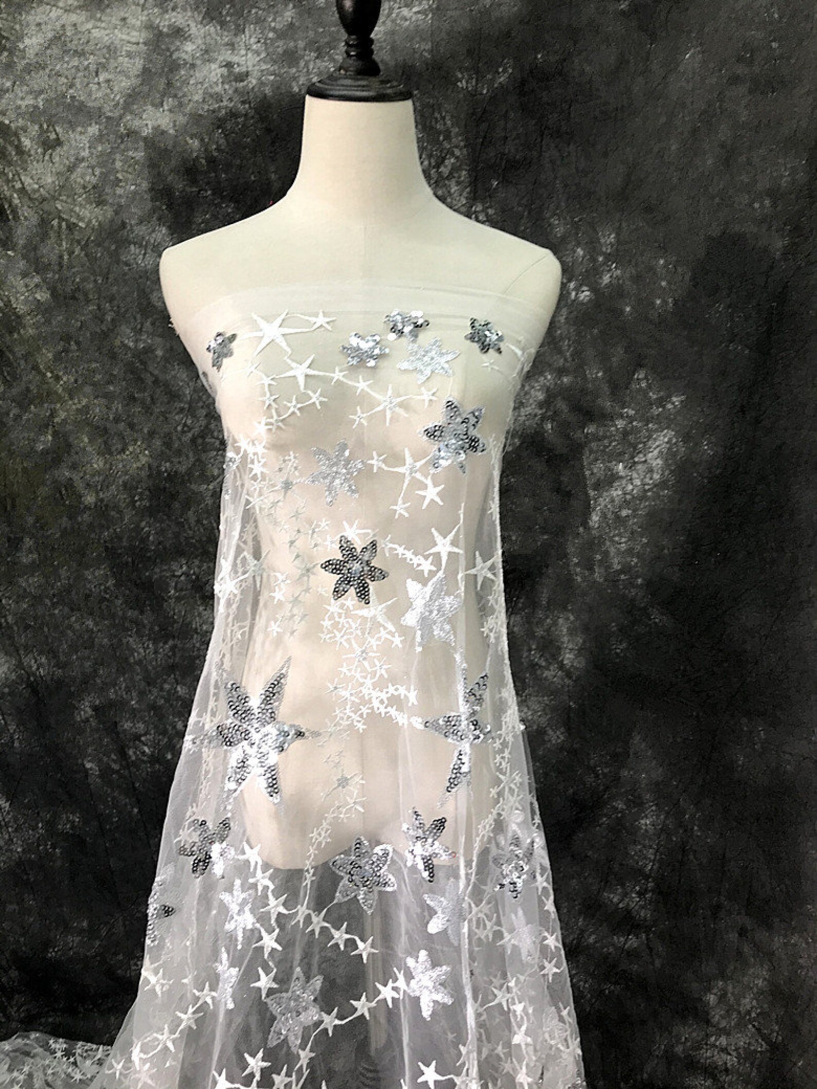 Silver Stars Tulle Fabric, Star Lace Fabric, Embroidered Lace Fabric ...