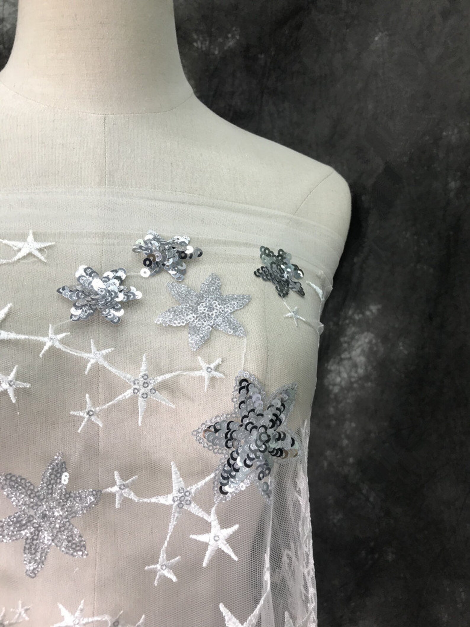 Silver Stars Tulle Fabric, Star Lace Fabric, Embroidered Lace Fabric ...
