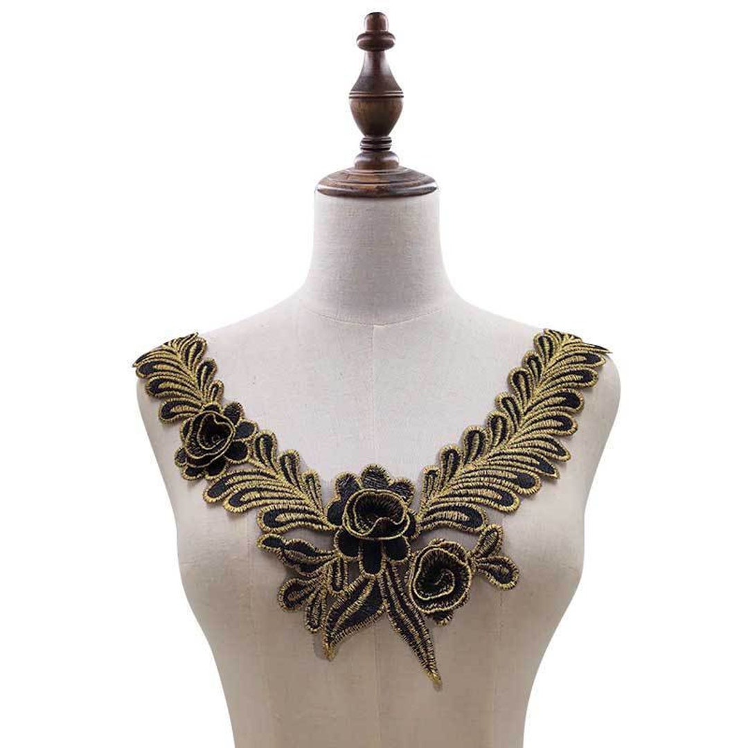 Gold and Black Venice Lace Applique Collar/ 3D Floral Collar/ Retro ...