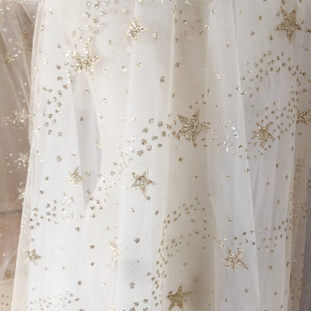 Gold Star Embroidery Lace Fabric Glitter Sequins Star Tulle Lace Bridal ...