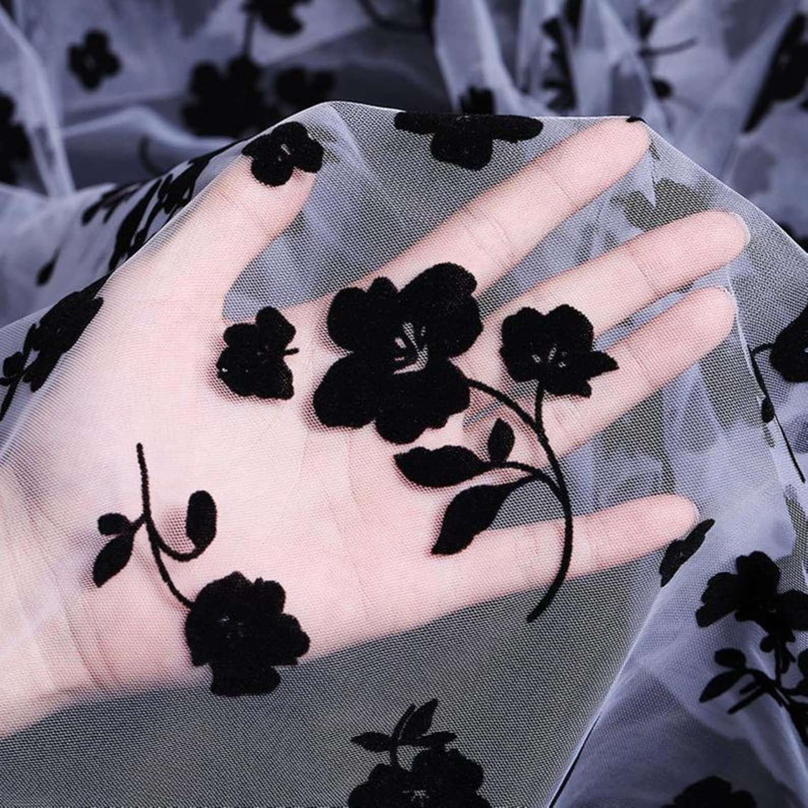 Black Flower Flocking Embroidered Lace Fabric White Red Tulle - Etsy