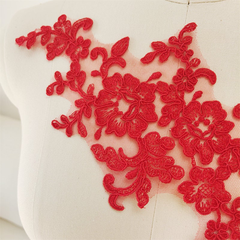 One Pair Red Applique Alencon Embroidered Corded Lace Applique for ...