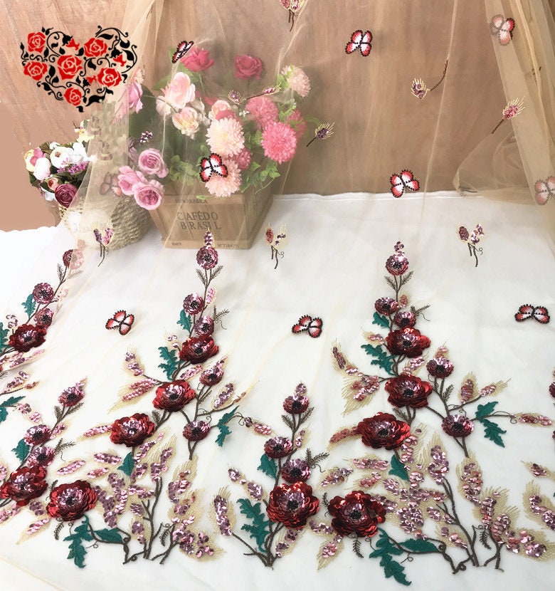 2020 Gorgeous Sequined 3D Red Rose Flower Lace Fabric Apricot - Etsy