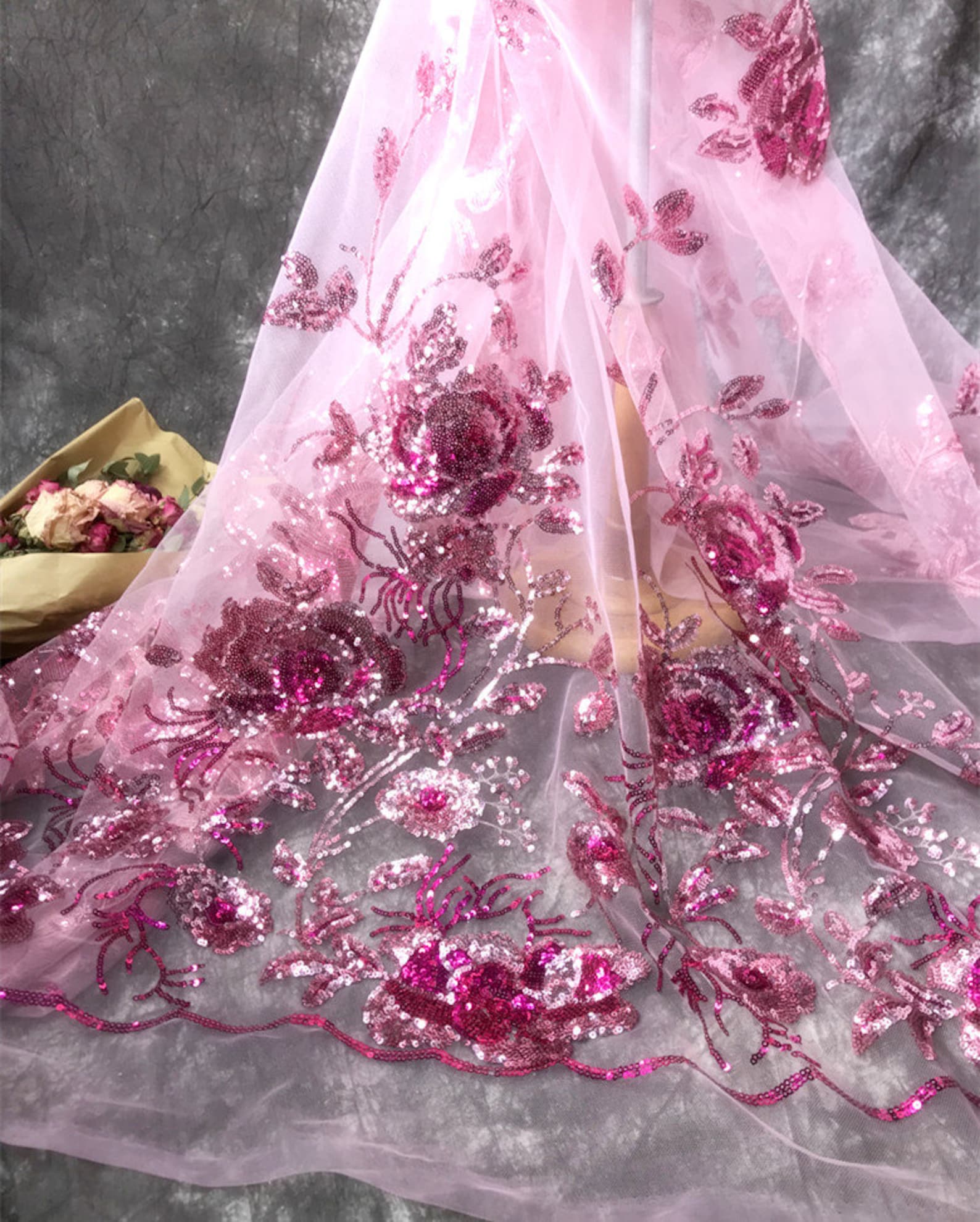 Luxury Pink Rose Lace Fabric Sequined Rose Tulle Fabric for - Etsy