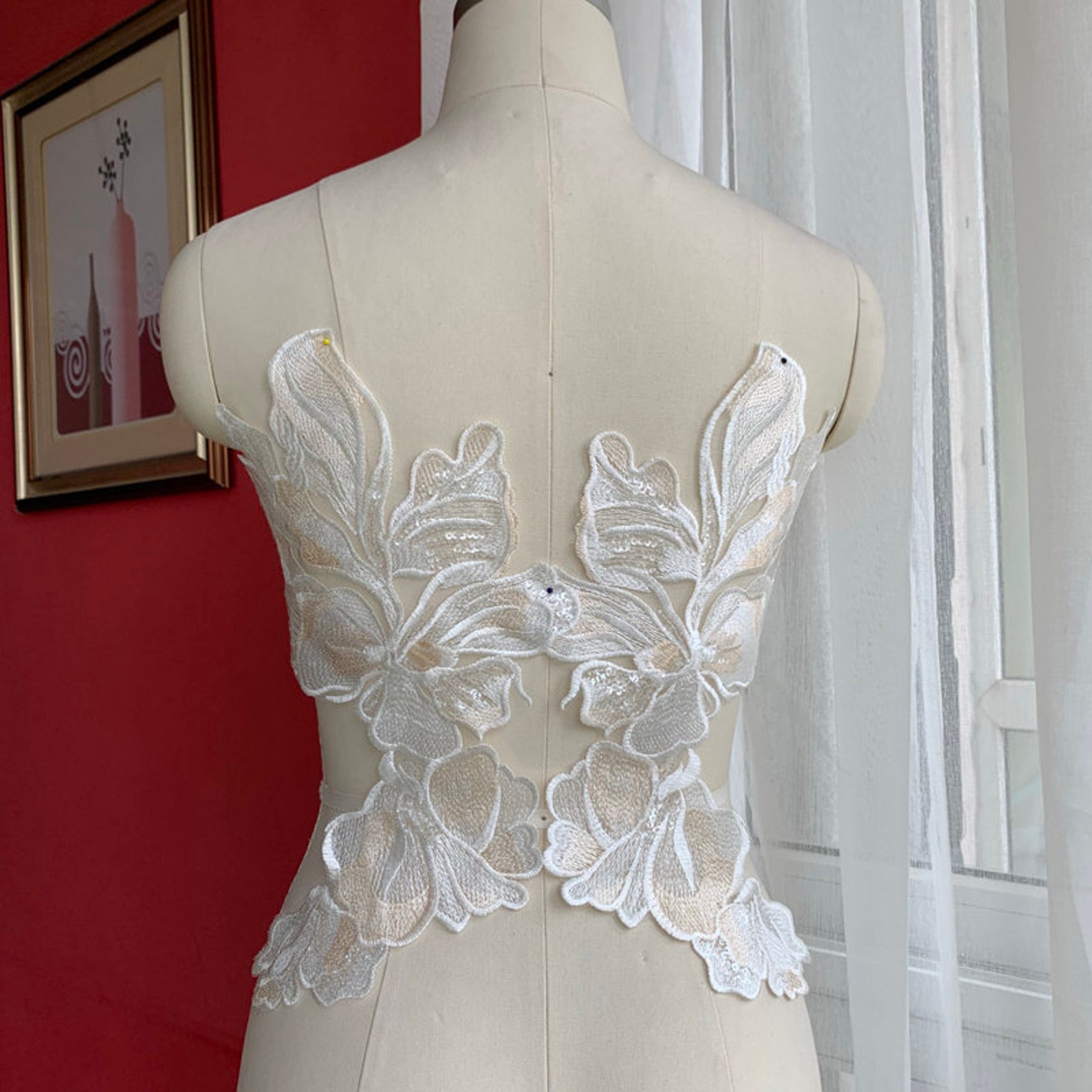 Two-tone Bridal Sequined Venice Lace Applique in Champagne and off ...