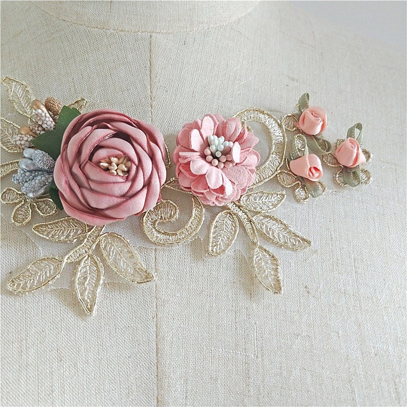 3D Pink Rose Lace Applique Gold Metallic Embroidered Mesh Lace - Etsy