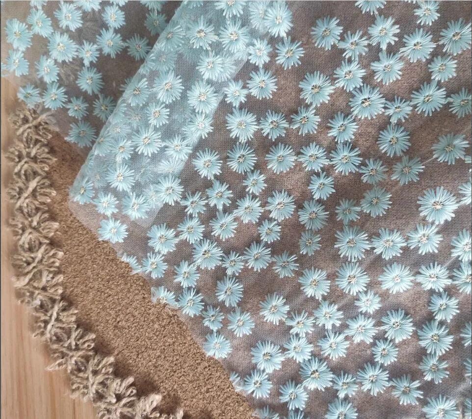 Delicate Flower Embroidered Lace Fabric Blue White Daisy Tulle - Etsy