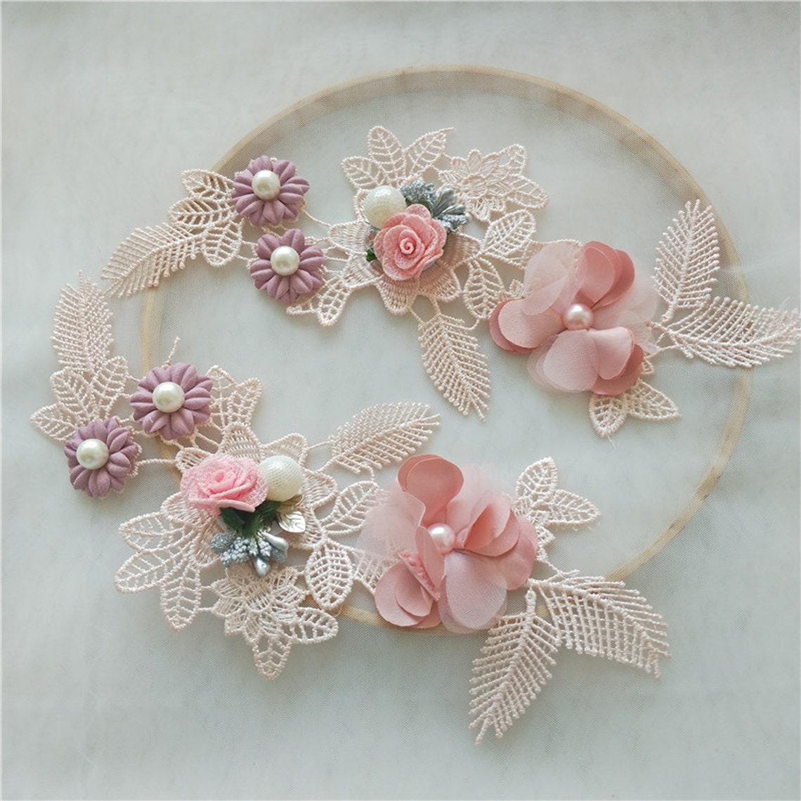 Beaded 3D Lace Applique Pink Rose Flower Lace Motiy Patch | Etsy