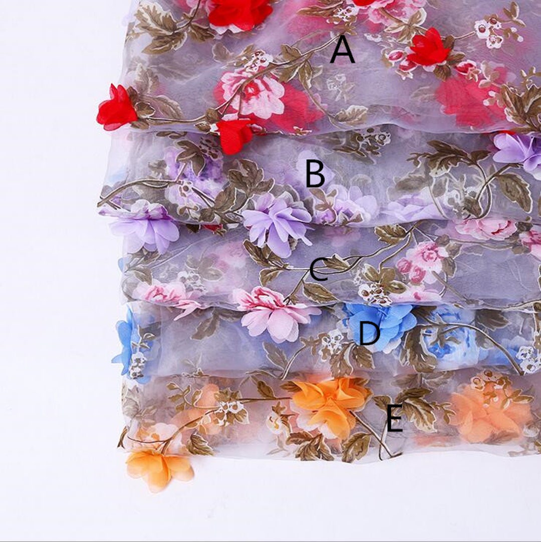 5 Colors 3D Chiffon Rose Fabric, Organza Flowers Lace Fabric With Leaf ...