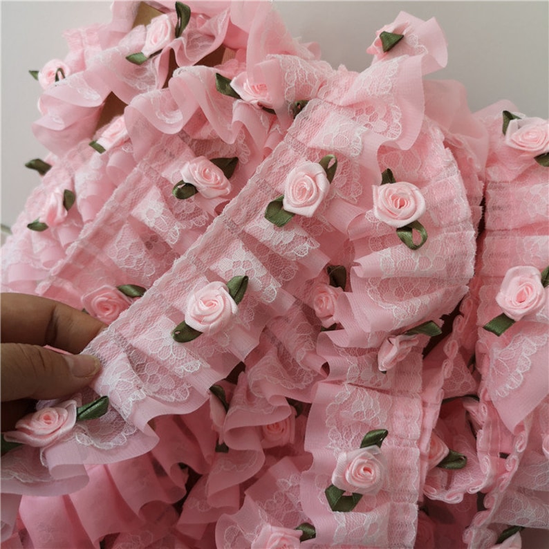 Exquisite Ruffled 3D Rose Lace Trim Chiffon Pleated Pink Lace 1.9" Wide ...
