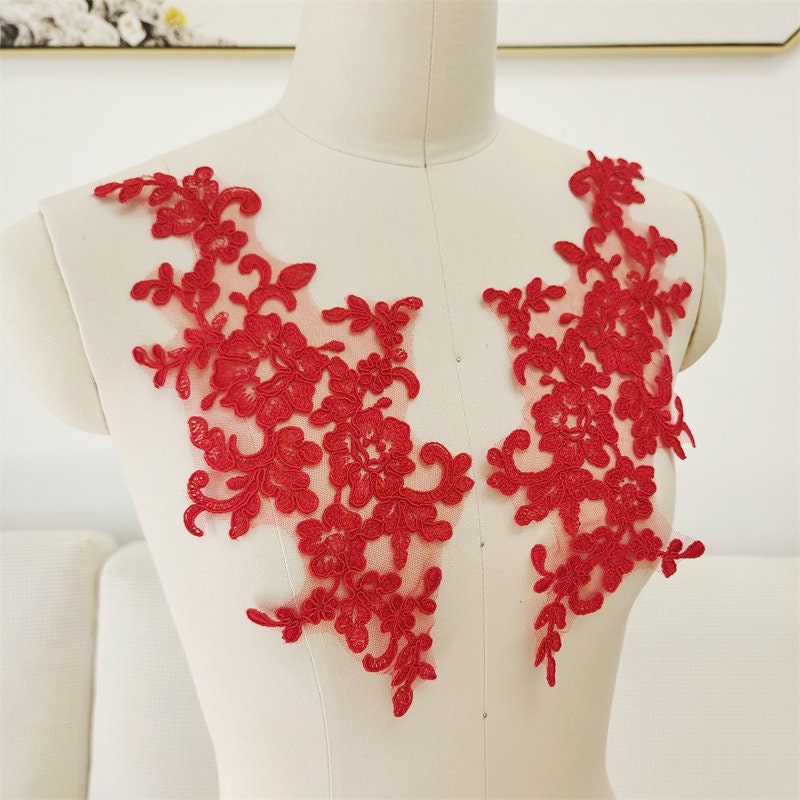 One Pair Red Applique Alencon Embroidered Corded Lace Applique for ...