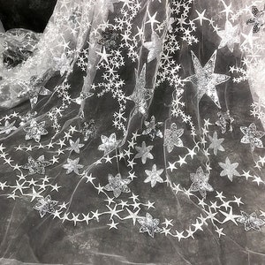 Silver Stars Tulle Fabric, Star Lace Fabric, Embroidered Lace Fabric ...