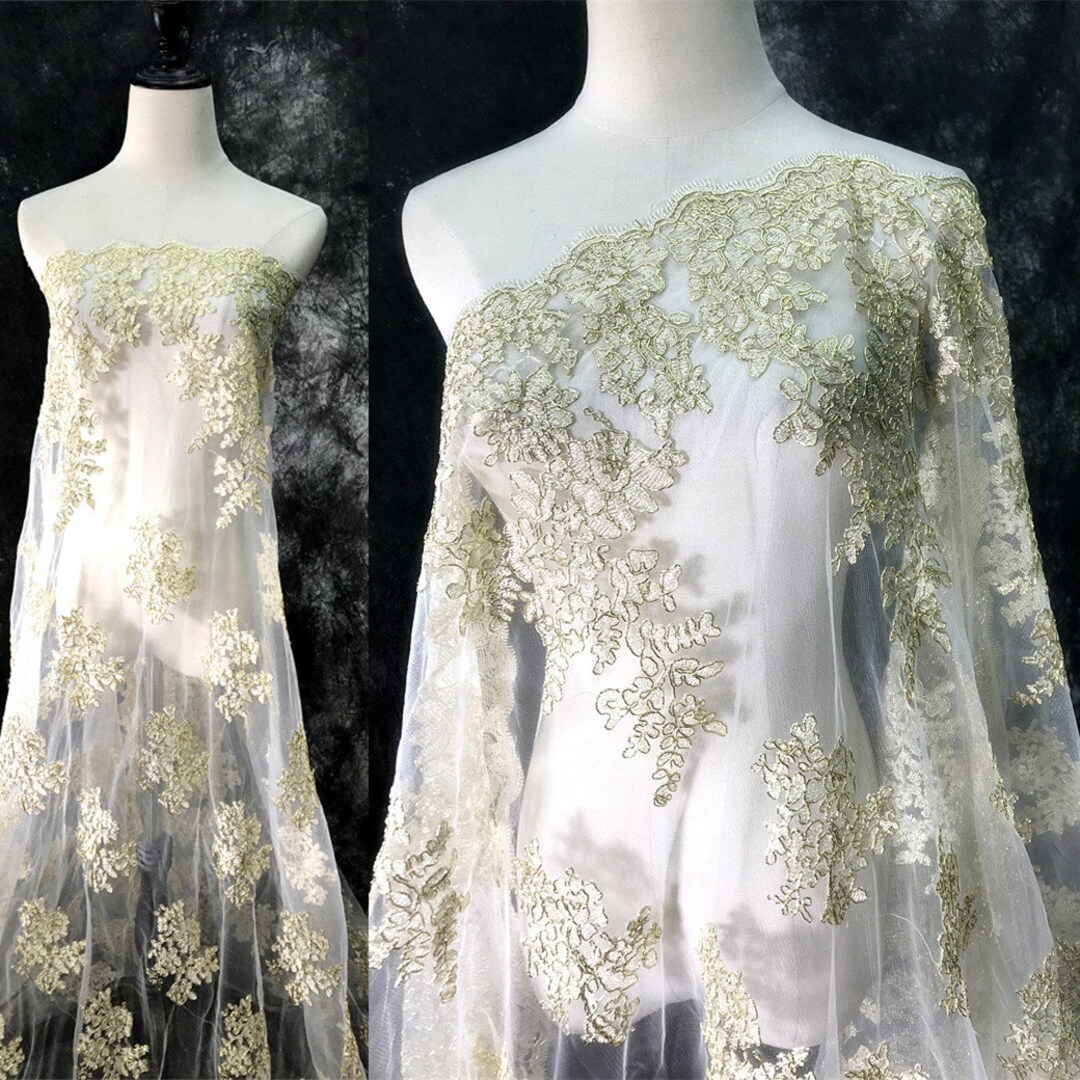 Gold Lace Fabric, Gold Metallic Embroidered Flower Applique Fabric ...