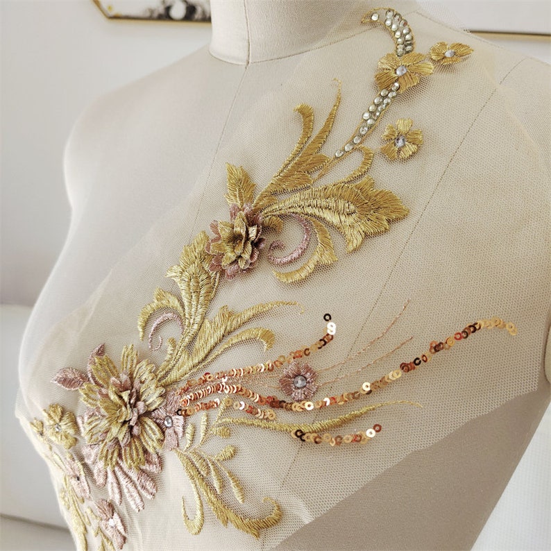 Golden 3D Flower Lace Embroidery Sew on Patch Applique Motif | Etsy