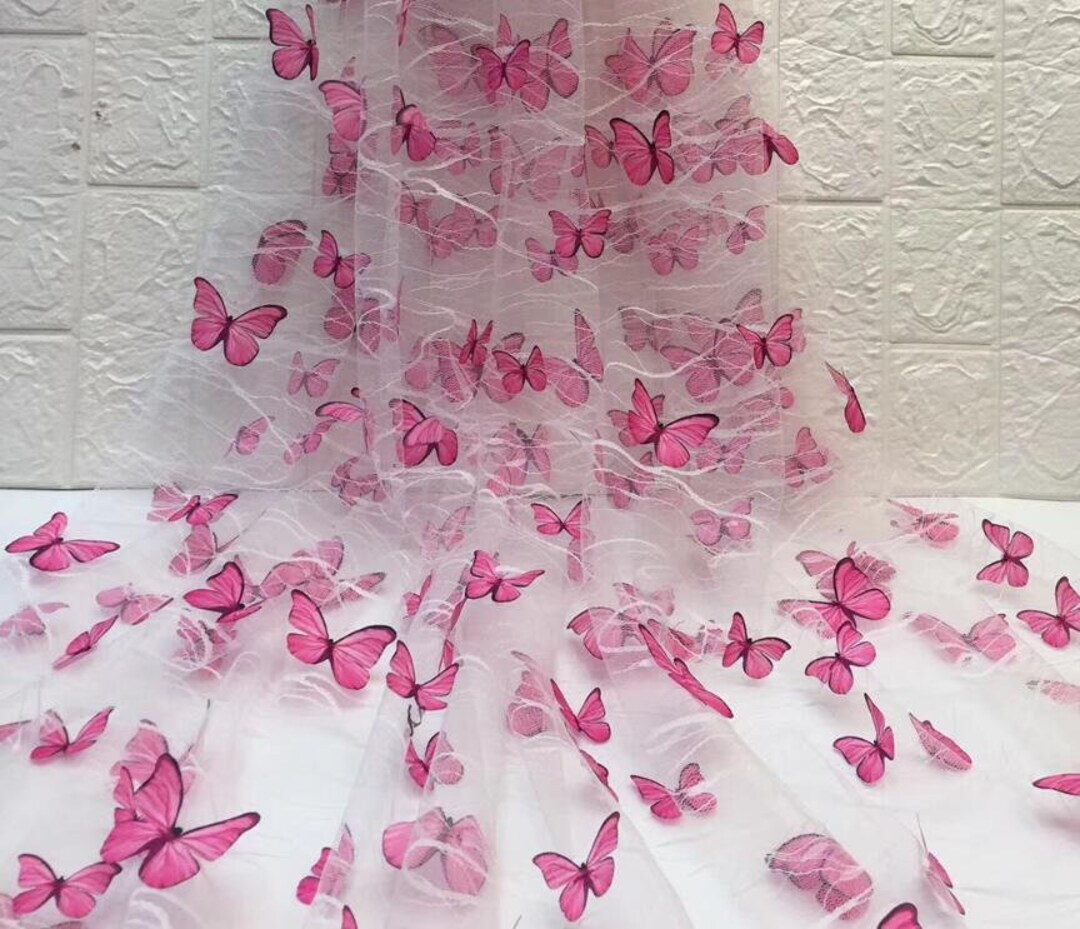 5 Yards 3D Butterfly Tulle Lace Fabric, Hot Pink Butterfly Applique on ...