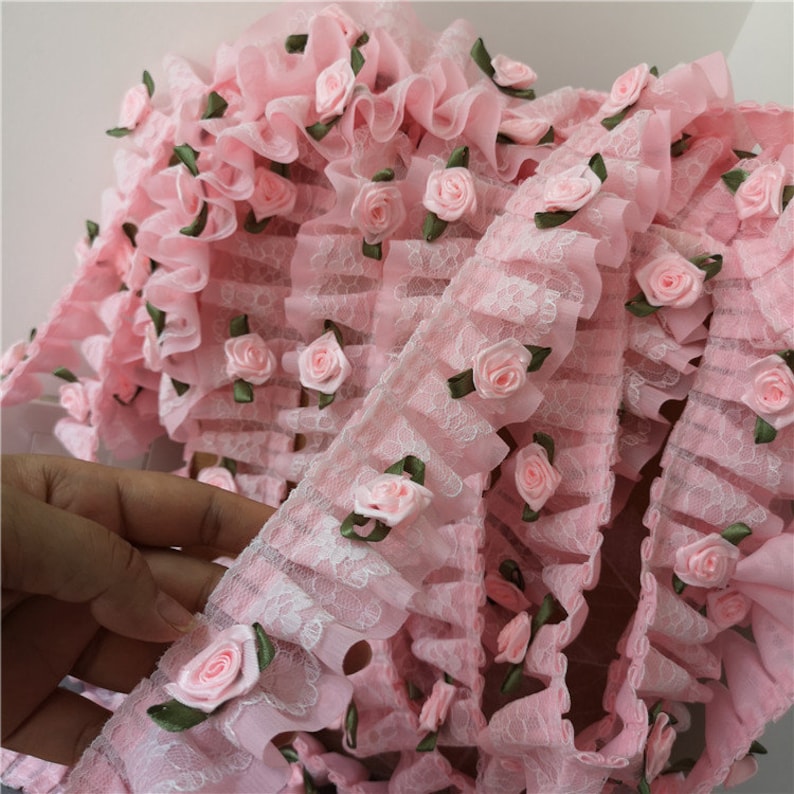 Exquisite Ruffled 3D Rose Lace Trim Chiffon Pleated Pink Lace 1.9" Wide ...
