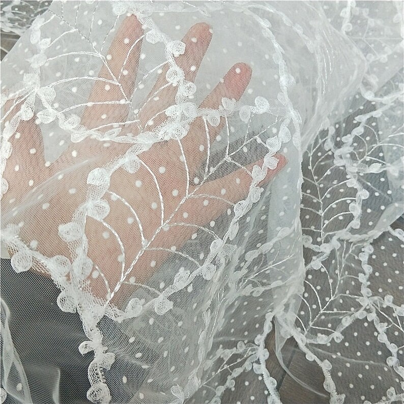 Off White Leaf and Dots Tulle Fabric, Soft Net Fabric, Embroidered Lace ...