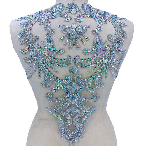 Deluxe Bodice Rhinestone Applique Heavy Beaded Patch Lace Etsy