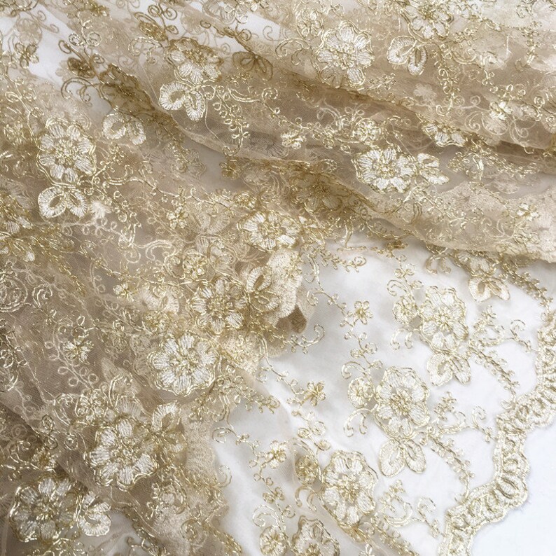 Golden Corded Lace Fabric Retro Gold Embroidery Floral Lace Mesh 49 ...