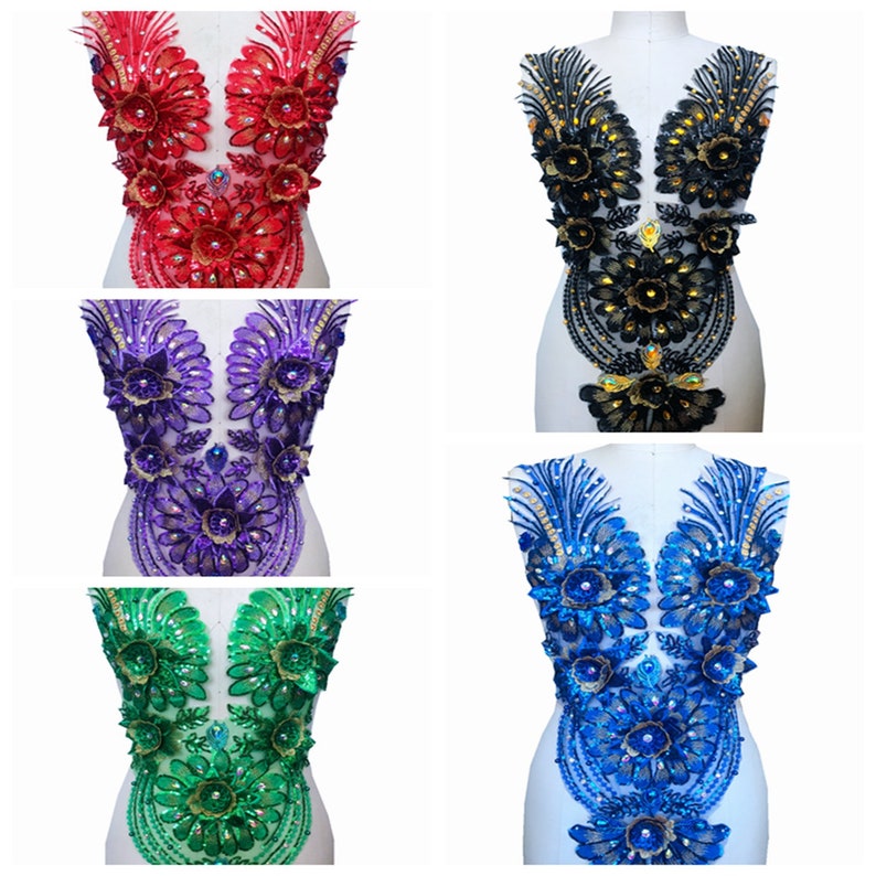 Large Bodice 3D Flower Rhinestone Sequin Bodice Lace Applique ...