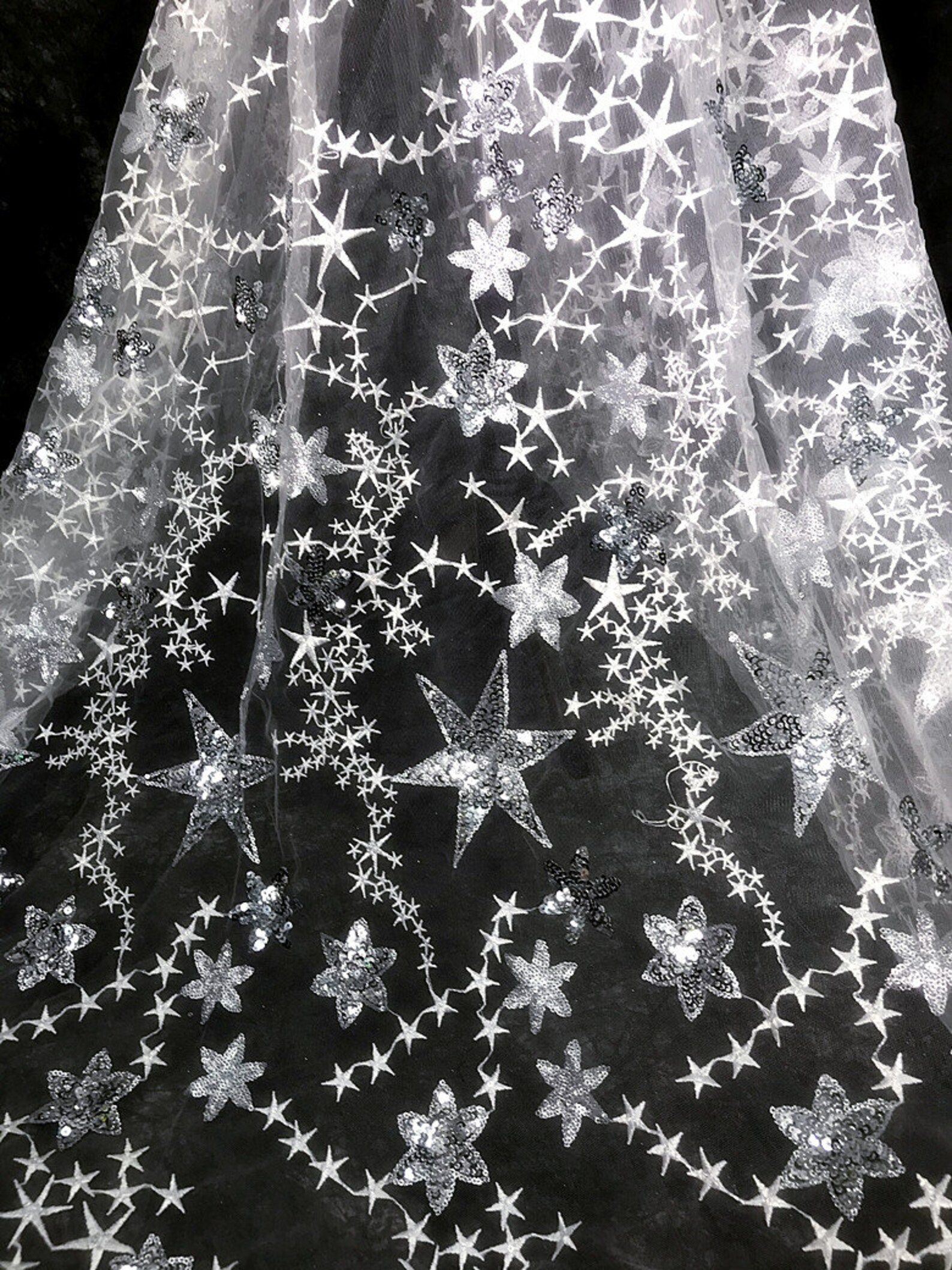 Silver Stars Tulle Fabric, Star Lace Fabric, Embroidered Lace Fabric ...