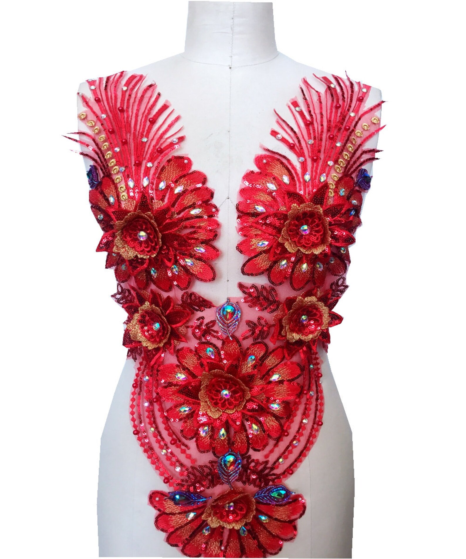 Large Bodice 3D Flower Rhinestone Sequin Bodice Lace Applique ...