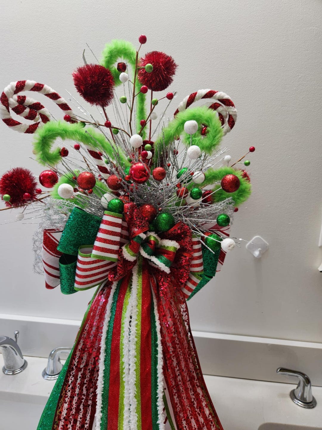 Tree Topper, Red and Green Tree Topper, Christmas Tree Bow Topper With ...