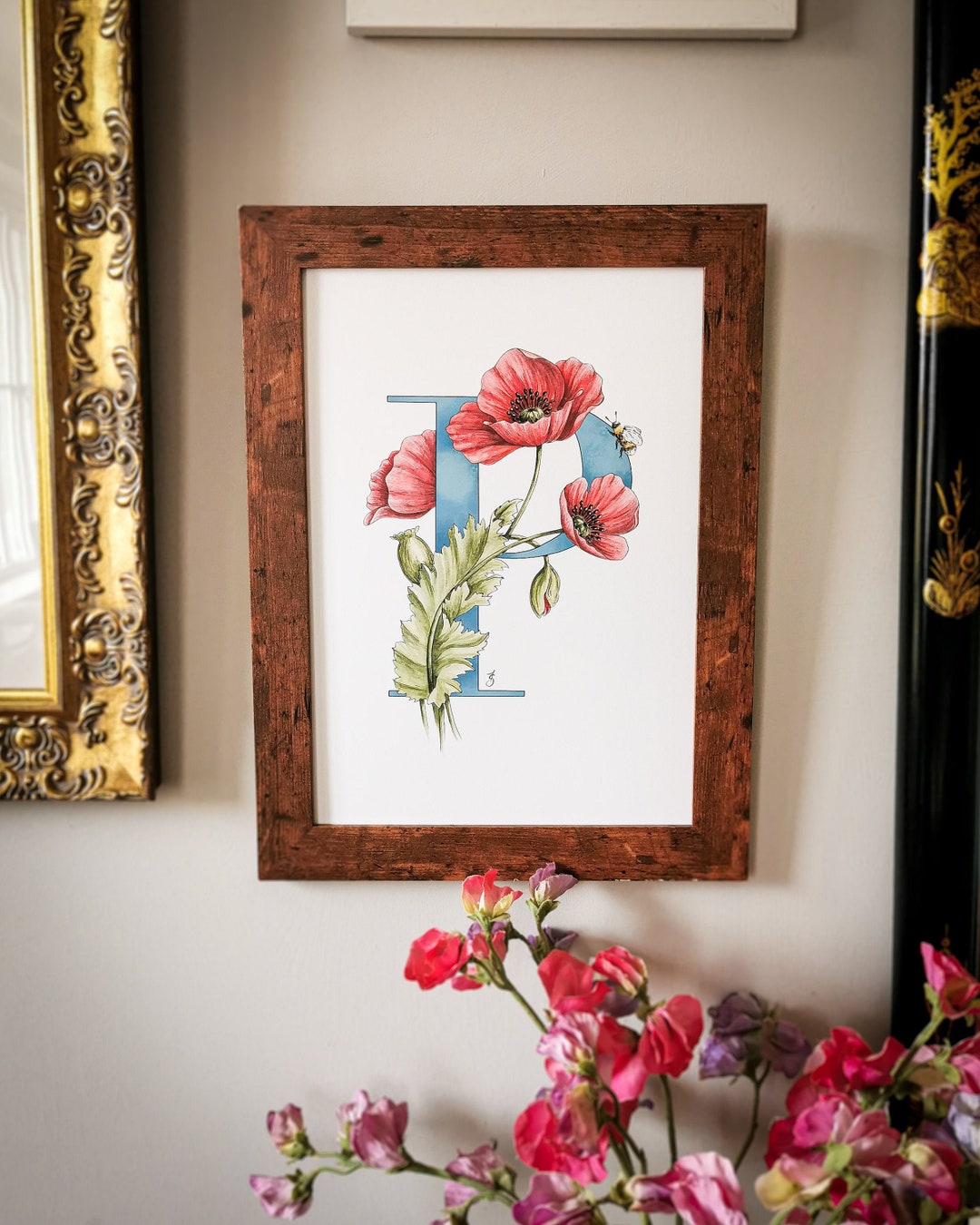 P is for Poppy Flower Letter Print. A Blue or Pink Letter P With ...