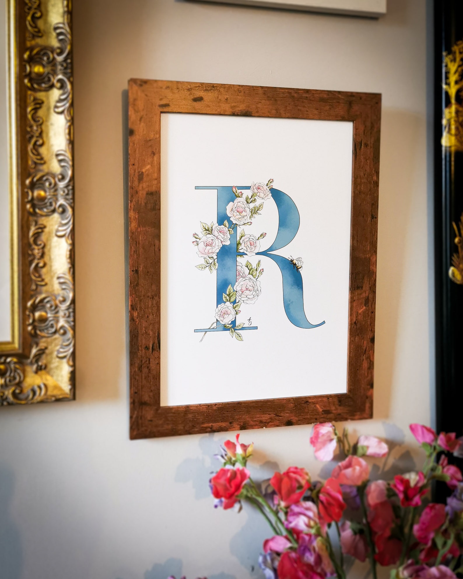 R is for Rose Flower Letter Print. A Blue or Pink R Initial | Etsy UK