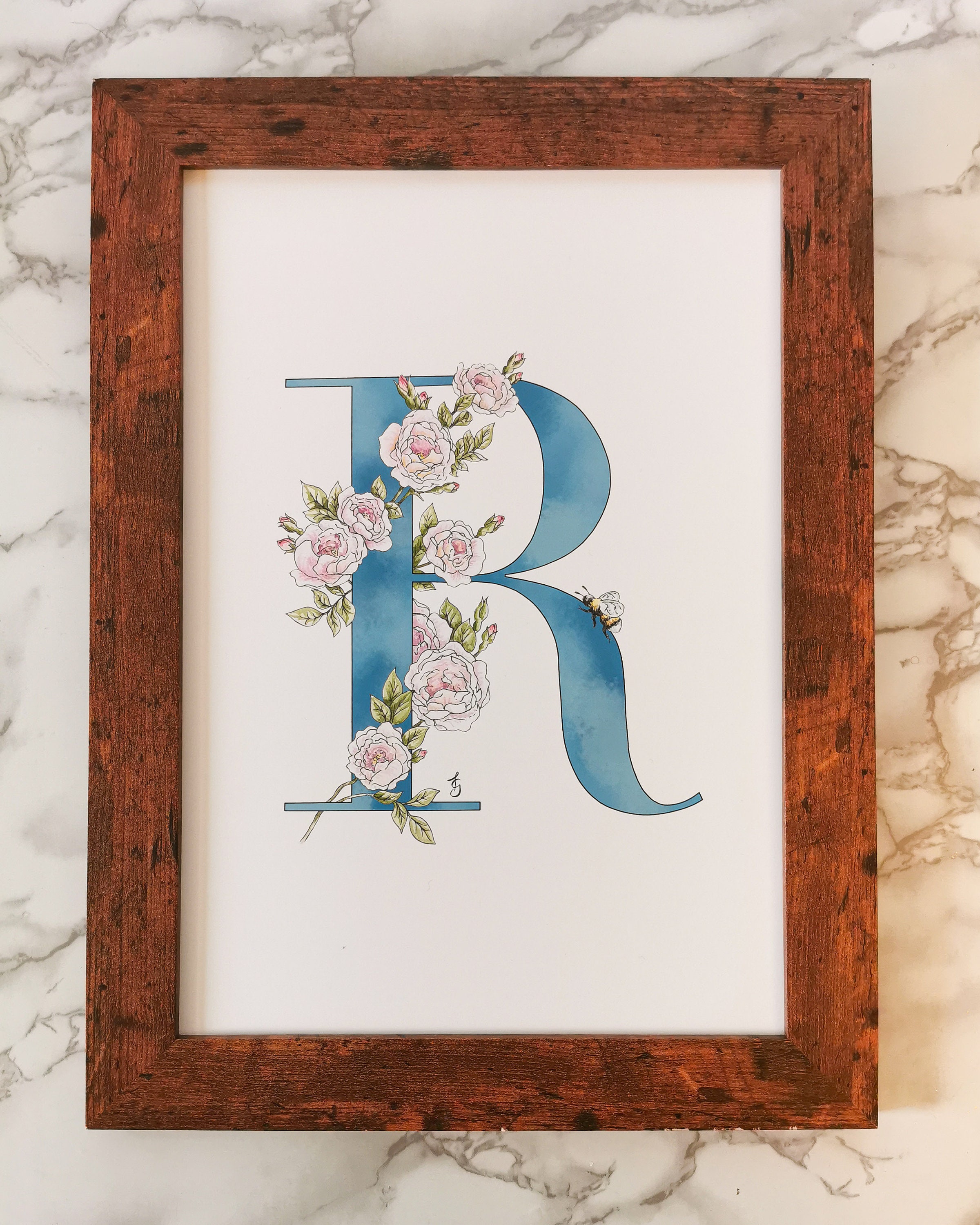 R is for Rose Flower Letter Print. A Blue or Pink R Initial - Etsy