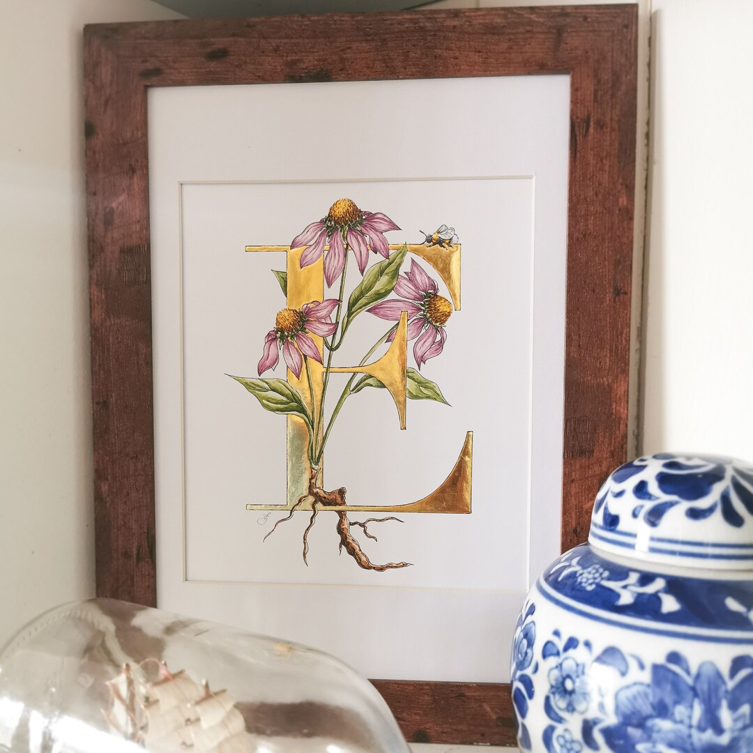 E is for Echinacea Gilded Initial Print. A Gold Initial With ...