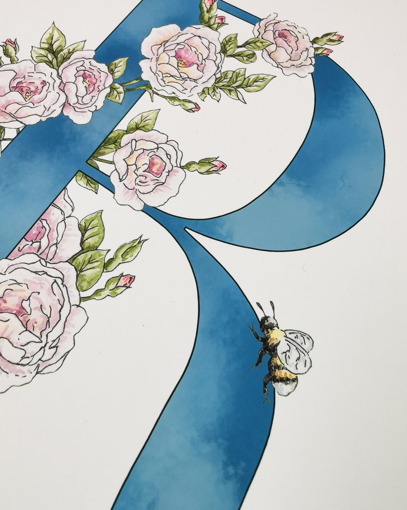 R is for Rose Flower Letter Print. A Blue or Pink R Initial | Etsy