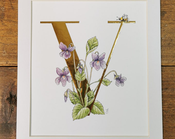 V is for Violet, Fine Art Print With Hand Applied 23.5 Karat Gold Leaf ...