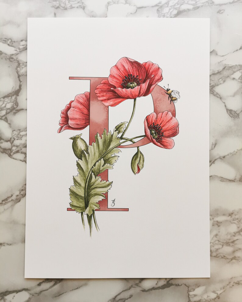 P is for Poppy Flower Letter Print. A Blue or Pink Letter P - Etsy UK