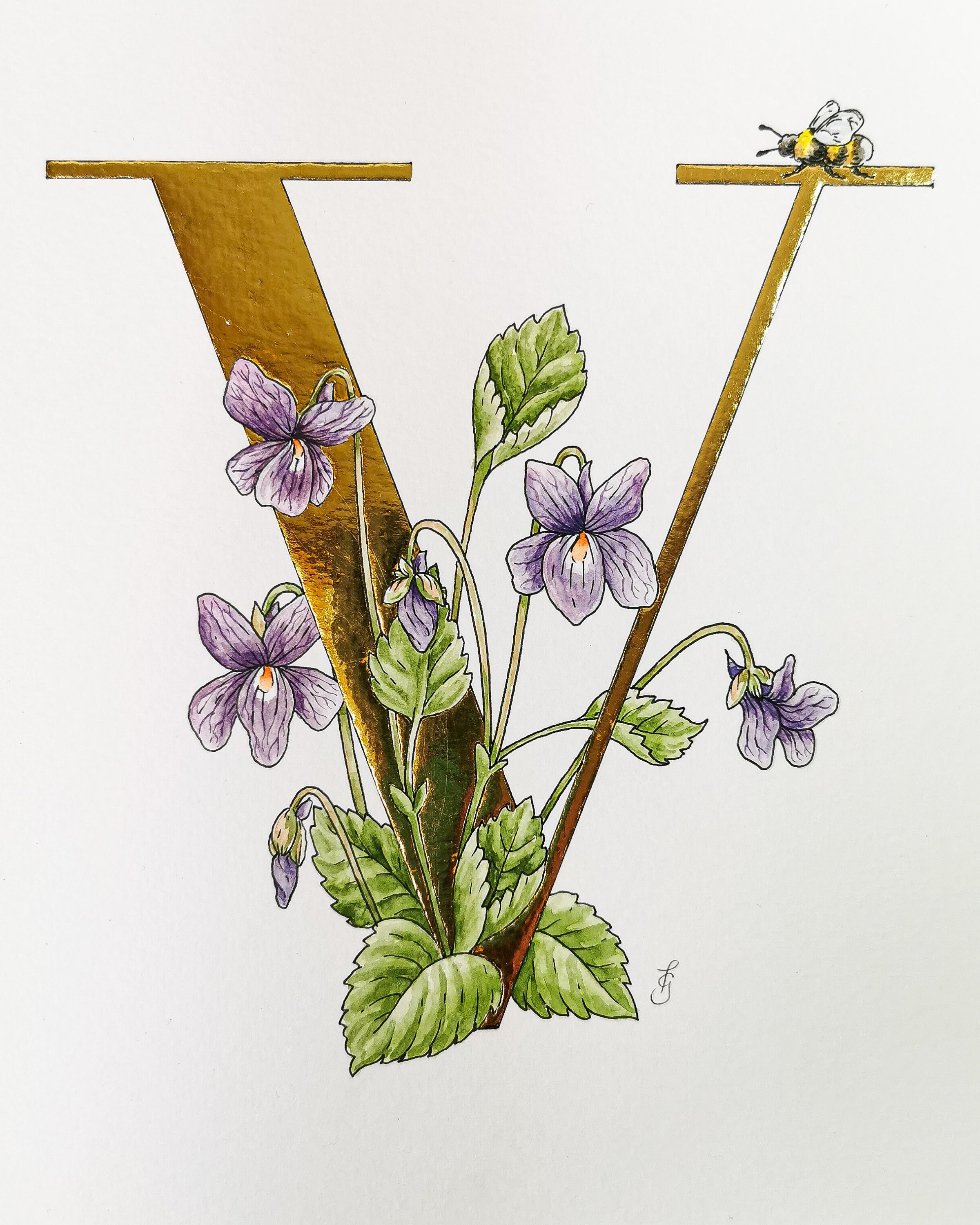 V is for Violet Original Gouache Ink and Gold Leaf Painting. - Etsy