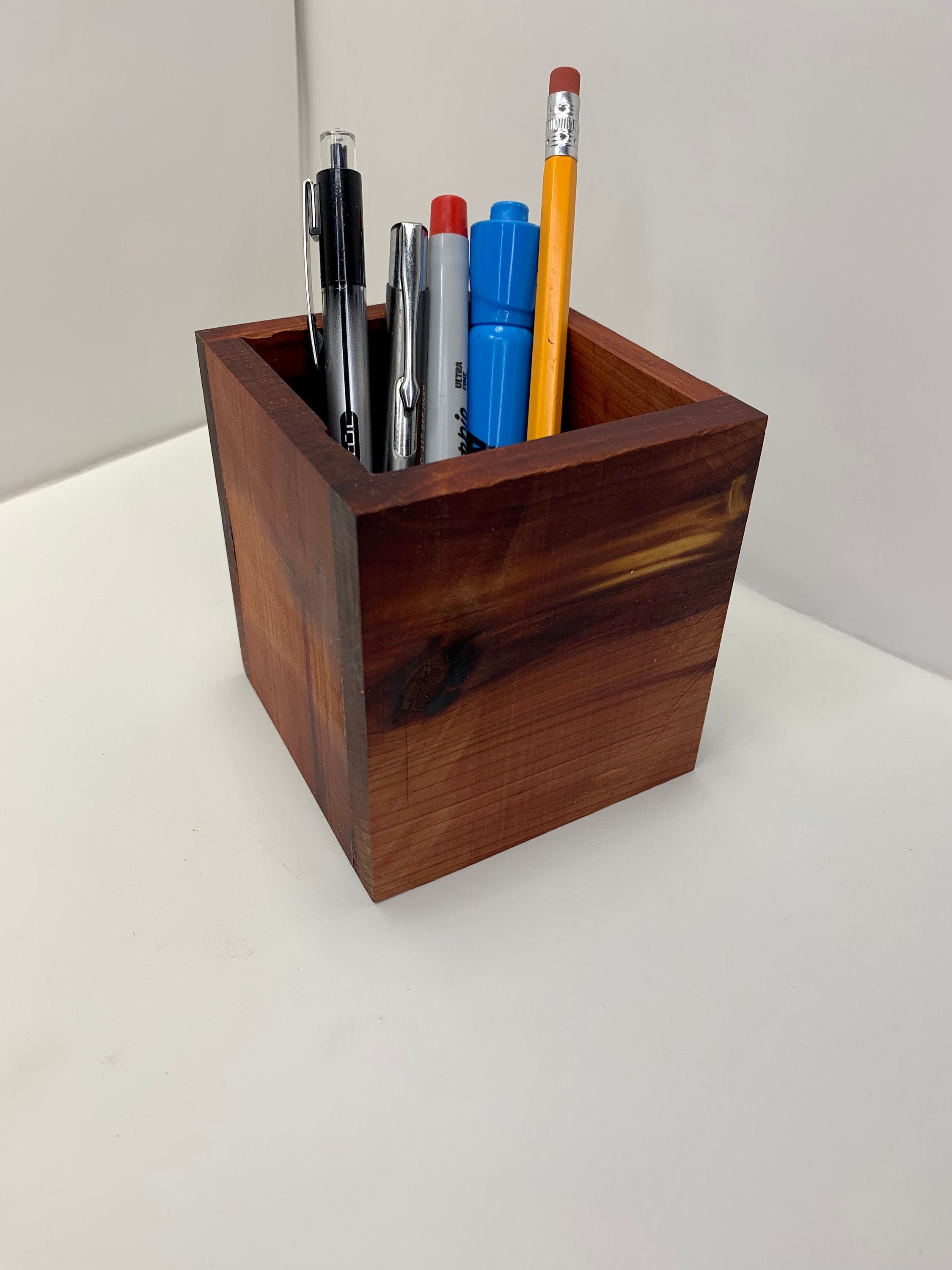 Wood Pencil Holder Wood Desktop Organizer Work From Home Desk Organizer Wood Office Gift