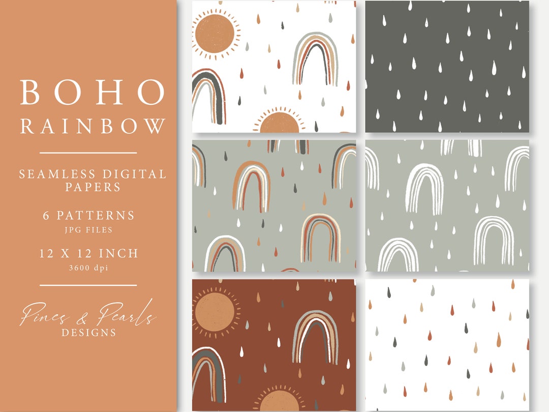 Boho Rainbow Digital Paper Rainbow Seamless Pattern Rainbow Sun Rain ...