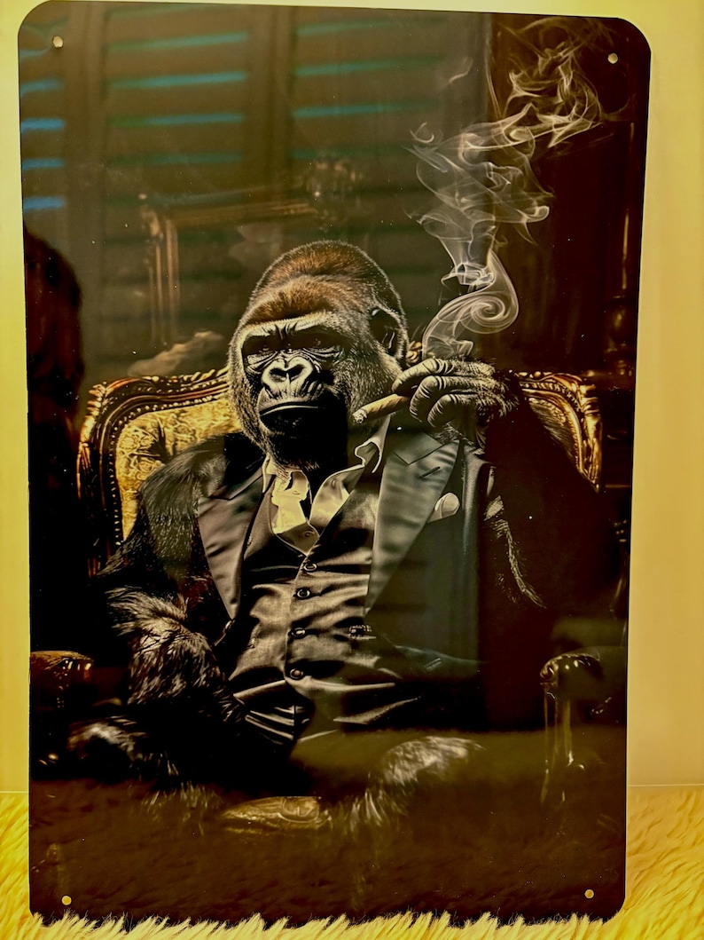 Metal Art Sign, Gorilla Smoking Cigar in a Classic Oil Painting Style ...